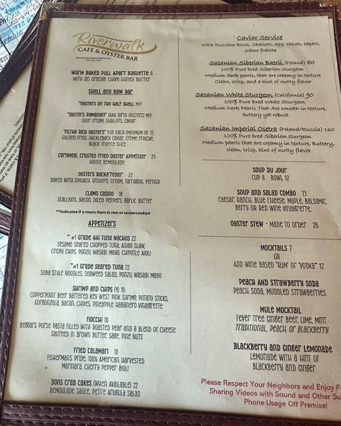 A menu that reads like poetry to seafood lovers—each item promising a different ocean-to-table adventure worth embarking on.