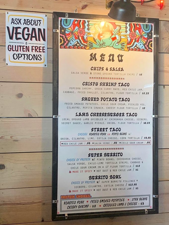 This menu reads like a love letter to street food—from crispy shrimp tacos to lamb cheeseburgers, each option more tempting than the last.