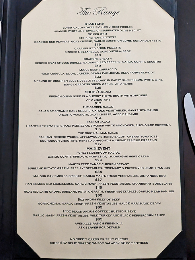 A menu that reads like poetry to carnivores – where coffee-crusted ribeye and drunken mussels steal the spotlight from ordinary steakhouse fare.