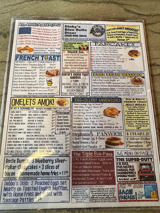 This menu isn't just extensive—it's a manifesto of morning possibilities. "Omelets Amok!" isn't just a section title, it's a breakfast philosophy.