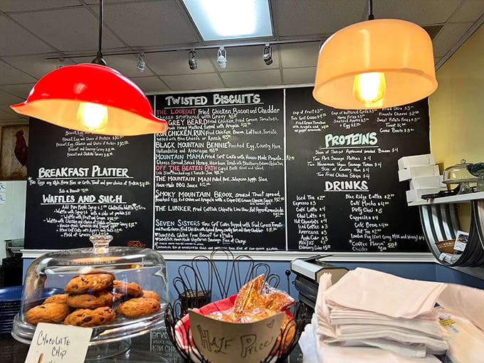 That chalkboard menu isn't just decoration—it's a roadmap to happiness. The "Twisted Biscuits" section alone could keep you coming back weekly for a year.