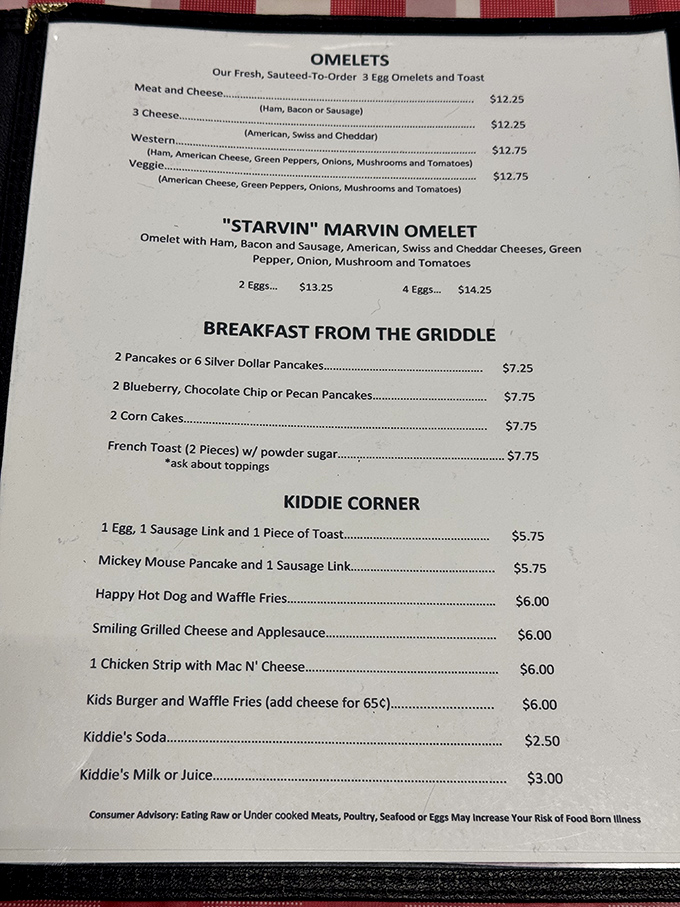 The menu reads like a love letter to breakfast classics – that "Starvin' Marvin Omelet" isn't just a meal, it's a commitment.