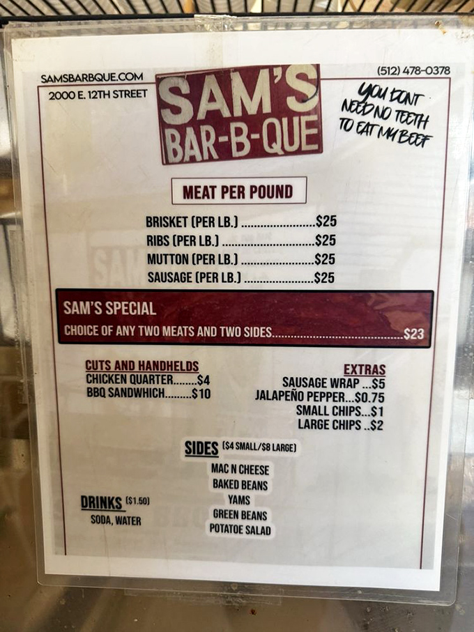 "You don't need no teeth to eat my beef" isn't just clever marketing—it's a smoky promise delivered through brisket, ribs, mutton, and sausage.