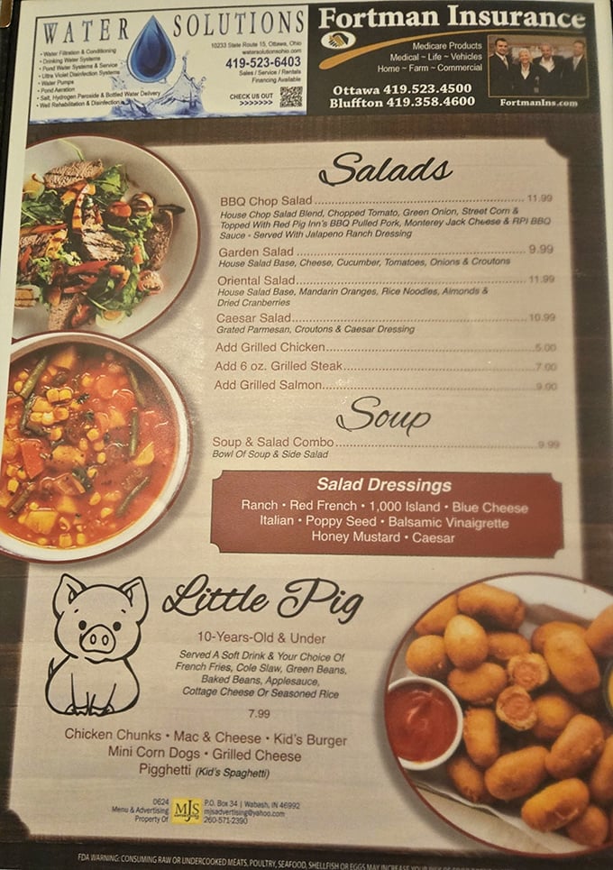 The menu doesn't just list food—it tells delicious stories. That "Little Pig" kids' section with "Pigghetti" shows they take their food seriously but not themselves.