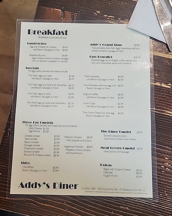The breakfast menu reads like poetry to hungry souls—notice how "Breakfast is served all day" might be the most beautiful phrase in English.