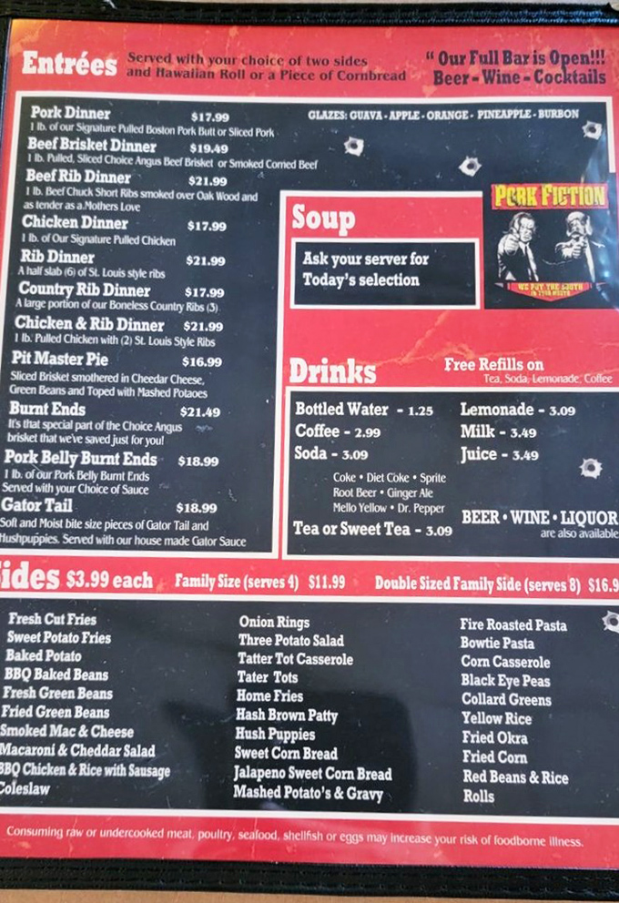 This menu isn't just a list—it's a roadmap to happiness. The Pulp Fiction reference suggests these folks know their pop culture and their BBQ.