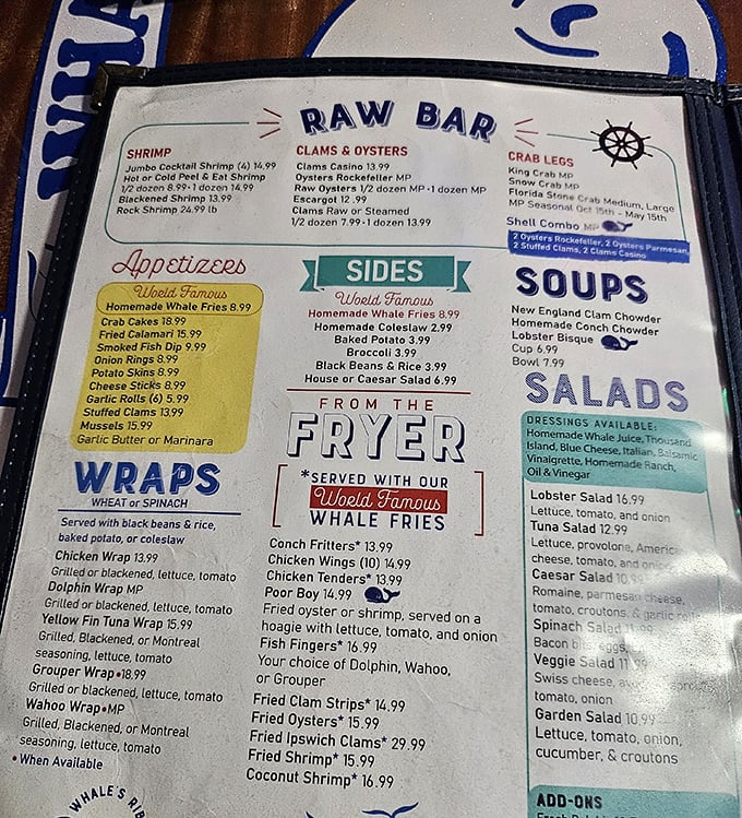 This isn't just a menu—it's a maritime treasure map. The "World Famous" designation isn't restaurant hyperbole when locals line up for those Whale Fries.