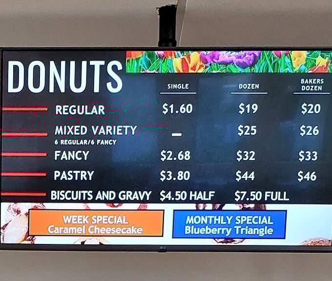 The menu board tells a delicious story—where fancy meets frugal and biscuits with gravy share the spotlight with sweet treasures.