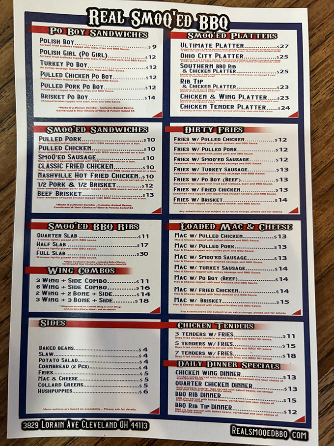 This menu isn't just a list of options—it's a roadmap to happiness. The "Dirty Fries" section alone deserves its own zip code.