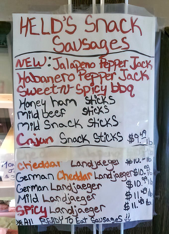The handwritten menu board speaks volumes – no fancy typography needed when the food does all the talking. Jalapeño Pepper Jack snack sticks? Yes, please!