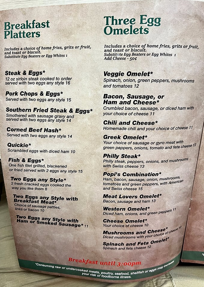 A menu that reads like a love letter to breakfast lovers—where decisions are deliciously difficult and calories don't count.