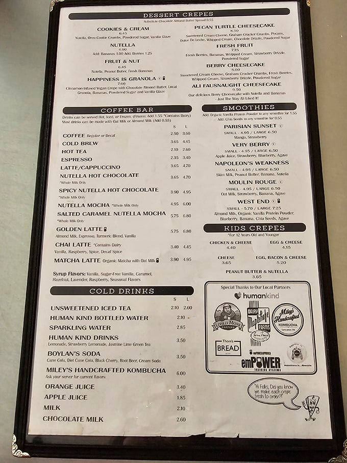 A menu that reads like a love letter to breakfast possibilities. Each crepe promises a different morning adventure without requiring a passport.