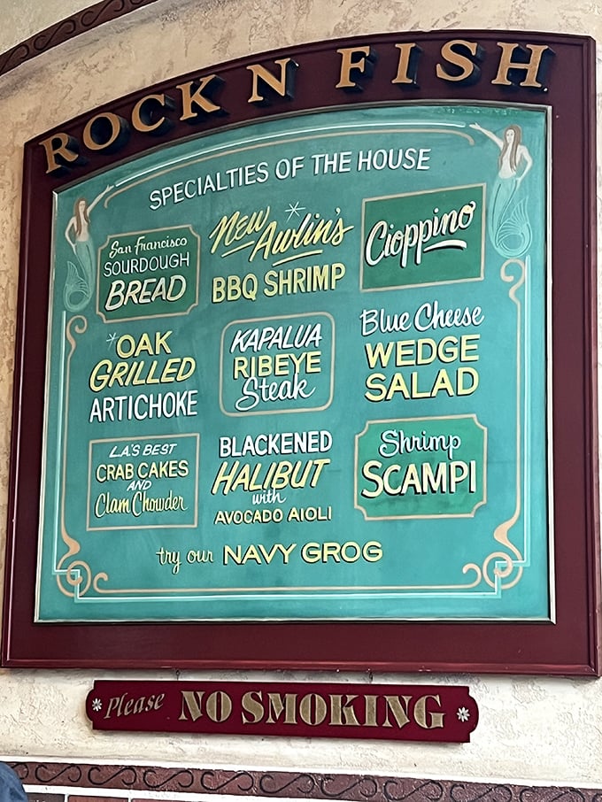 The menu board reads like a greatest hits album of seafood classics. Navy Grog, anyone? Your taste buds are about to go on tour.