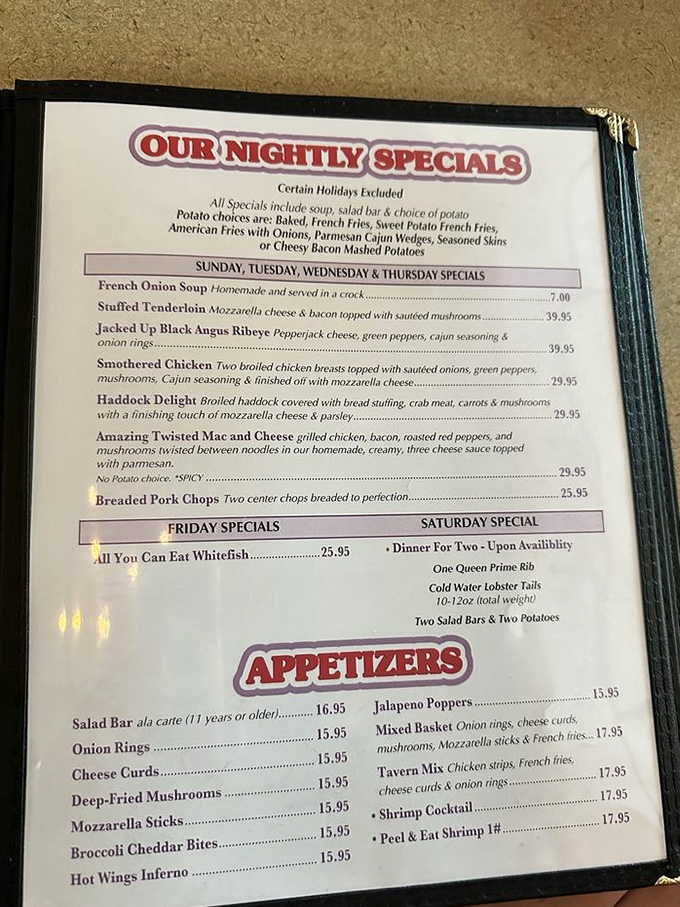 This menu isn't just a list of food—it's a roadmap to happiness. The nightly specials showcase Wisconsin's commitment to hearty, soul-satisfying cuisine.