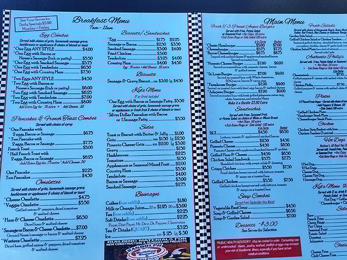 That classic blue diner menu with its checkerboard border – where breakfast is served all day because pancakes don't care what time it is.
