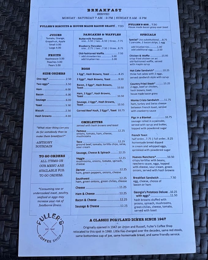 This menu isn't trying to impress you with fancy words—it's promising honest food that's stood the test of time since 1947.