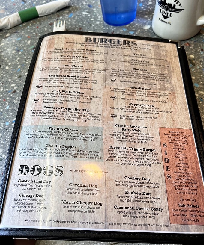 The menu reads like a love letter to American comfort food classics, with burgers, dogs, and sandwiches that make decision-making delightfully difficult.
