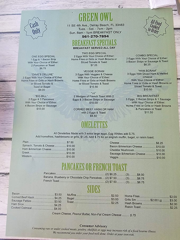 This unassuming menu is actually a roadmap to breakfast paradise. No QR codes here—just laminated proof that classics never go out of style.