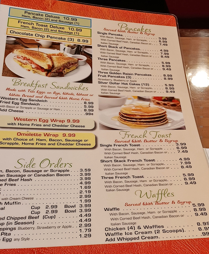 This menu isn't just a list of options – it's a roadmap to happiness. The pancake section alone deserves its own ZIP code.