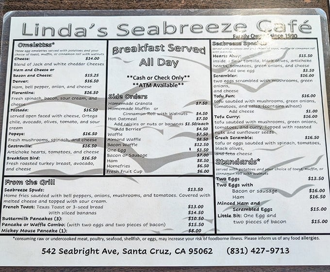 A menu that reads like breakfast poetry. Linda's offerings range from classic omelets to creative scrambles, with each dish promising a perfect start to any day.