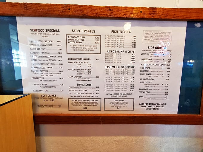 A menu that doesn't need fancy fonts or flowery descriptions. Just straightforward seafood classics that have kept locals coming back for decades.