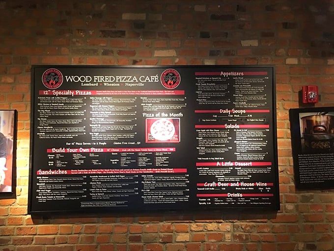 The menu board reads like a love letter to pizza possibilities—each option more tempting than the last.