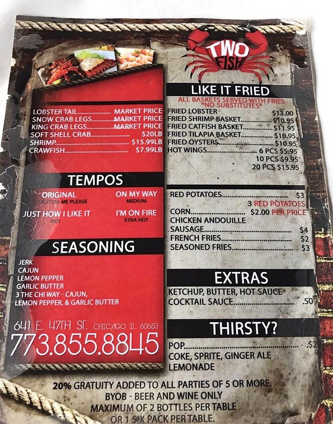 This menu reads like a love letter to seafood lovers. "The Chi Way" seasoning blend might be the best relationship status: it's complicated, but worth it.