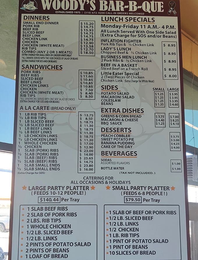A menu board that cuts right to the chase—no foodie buzzwords, just straightforward BBQ excellence that's been perfected over decades.