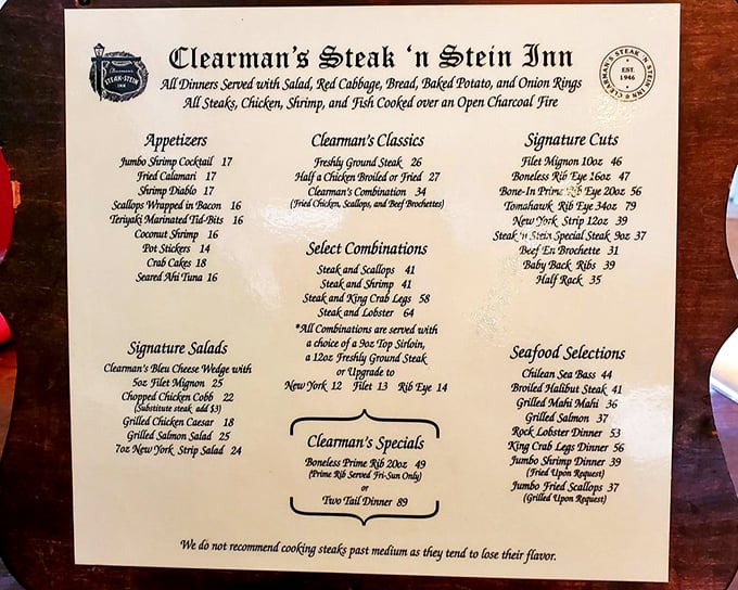 A menu that reads like a carnivore's love letter, featuring prime rib that's pure poetry.