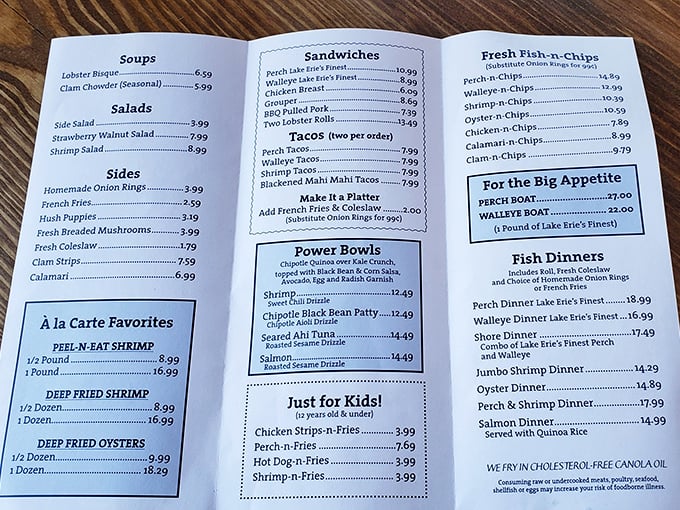 A menu that reads like a love letter to Lake Erie – where the perch and walleye reign supreme and decisions become deliciously difficult.