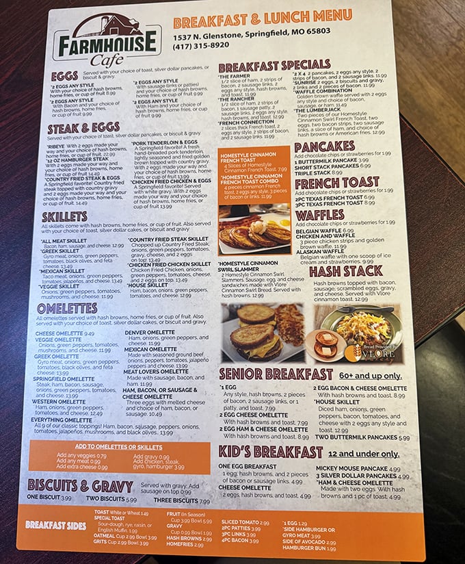 A menu that doesn't mess around—breakfast all day and enough options to make decision-making the hardest part of your meal. The real American dream on laminated paper.