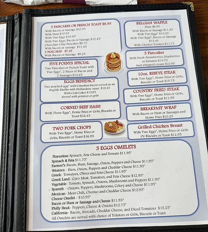A menu that reads like comfort food poetry. No molecular gastronomy here—just the greatest hits of American breakfast, performed daily to standing ovations.