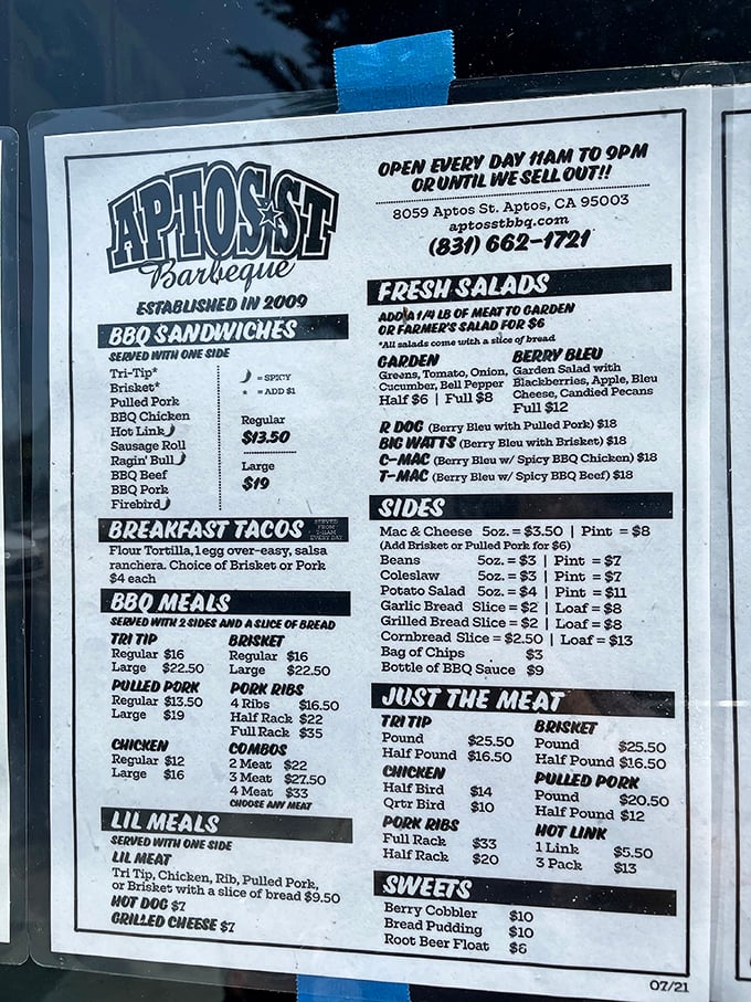 A menu that gets straight to the point—no fancy descriptions needed when the star of the show is slow-smoked perfection.