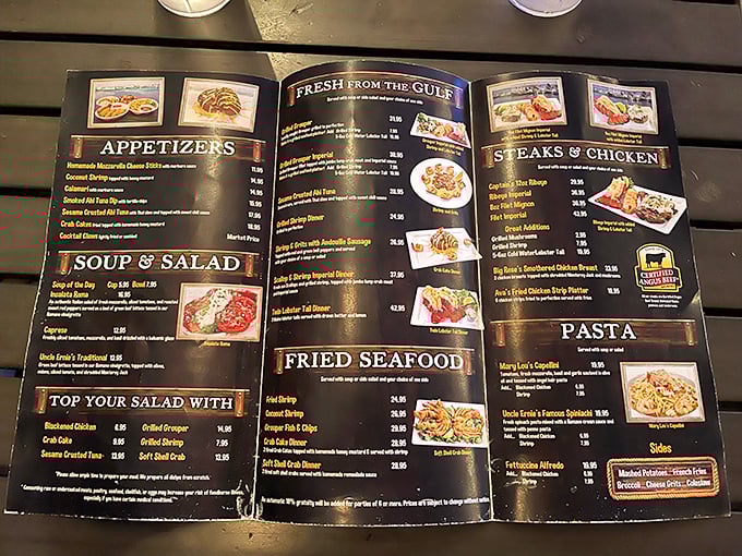 A menu that reads like a love letter to the Gulf—where deciding what not to order becomes the real challenge.