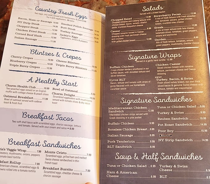 This menu reads like a love letter to comfort food classics. Each section promises a different path to happiness, with breakfast served all day—as nature intended.
