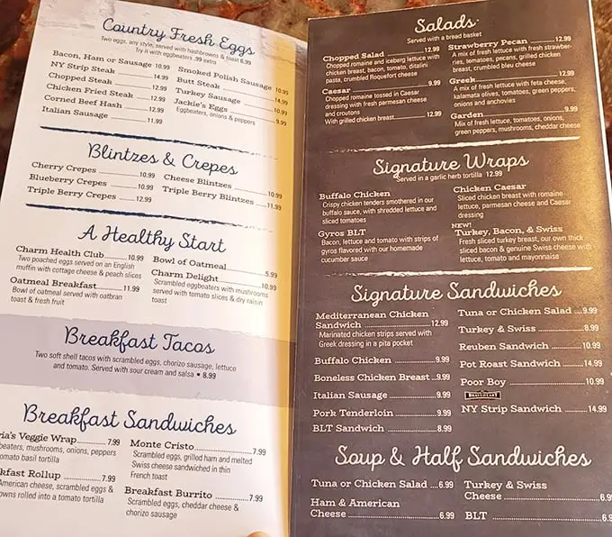 This menu reads like a love letter to comfort food classics. Each section promises a different path to happiness, with breakfast served all day—as nature intended.