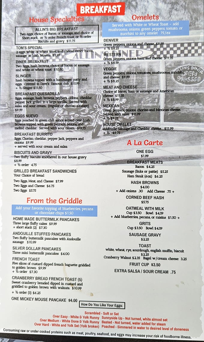 A menu that reads like breakfast poetry – from "Allin's Big Breakfast" to the intriguingly named "Slinger." Decisions this difficult should come with a therapist.