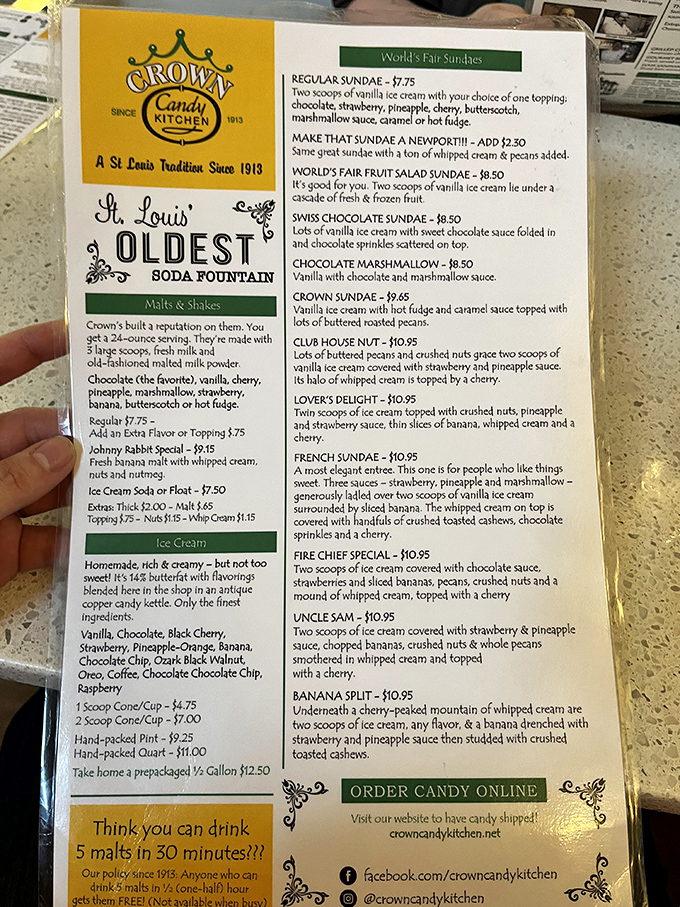 This isn't just a menu—it's a historical document chronicling America's love affair with ice cream and comfort food classics.