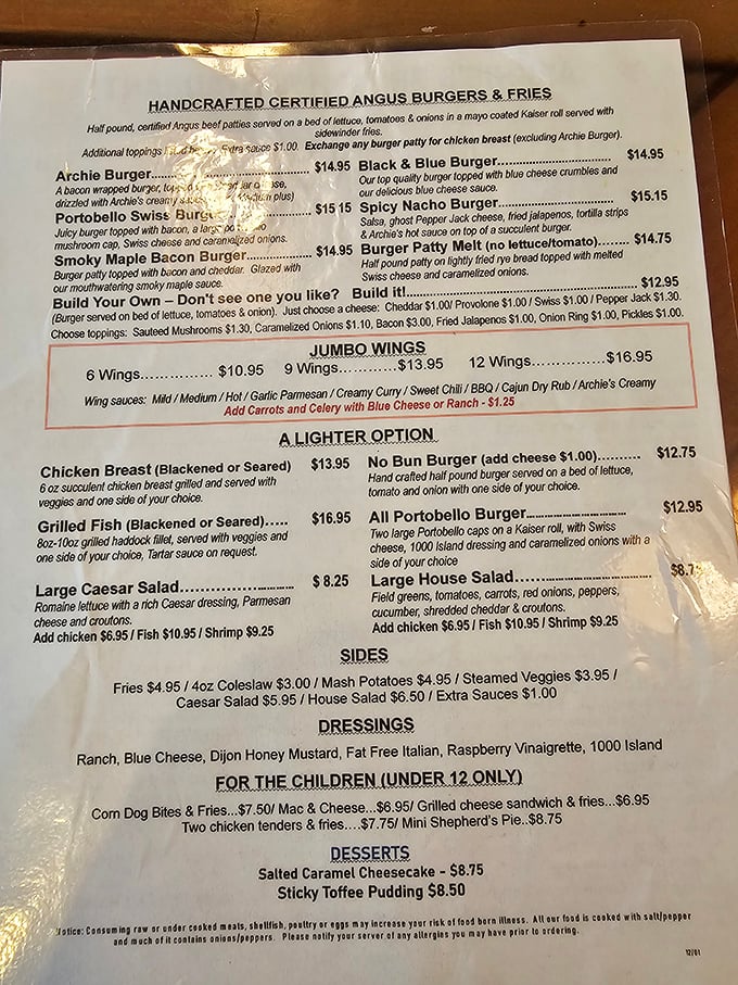 The menu reads like a delicious identity crisis – Angus burgers and jumbo wings sharing space with British classics.