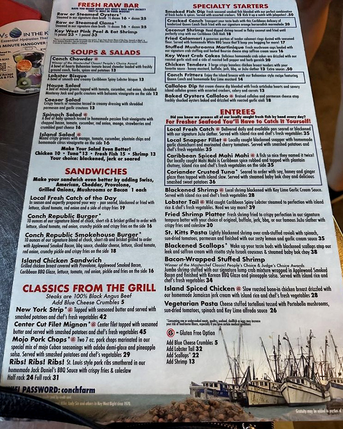 This menu isn't just a list—it's a maritime treasure map where X marks the spot for conch chowder glory and seafood riches.