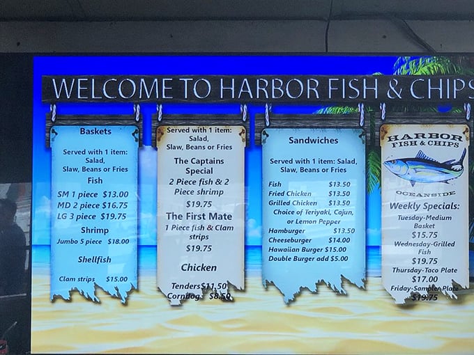The illuminated menu board—a beacon of hope for the hungry and indecisive alike. The Captain's Special calls to those who refuse to choose between fish and shrimp.