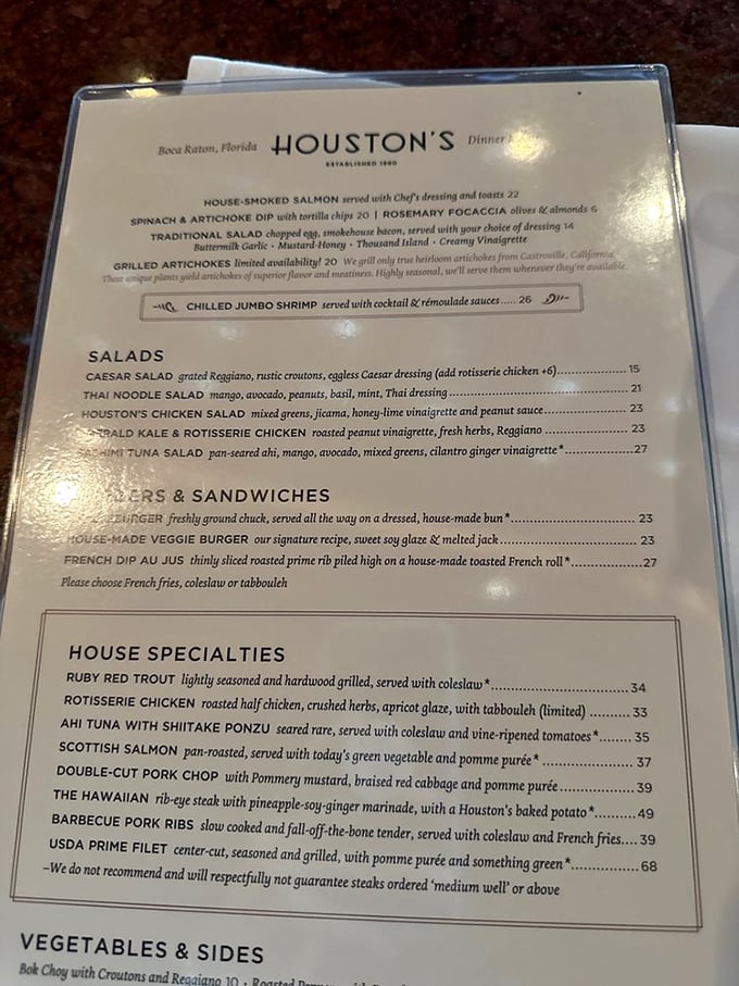 A menu that doesn't need trendy buzzwords—just straightforward promises of flavor that Houston's has been keeping for decades.