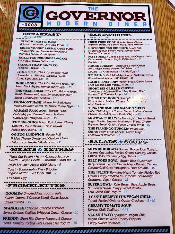 This isn't just a menu—it's a roadmap to happiness. From "Meg Egg Sandwich" to "I Can't Believe It's Vegan Chili," adventure awaits.