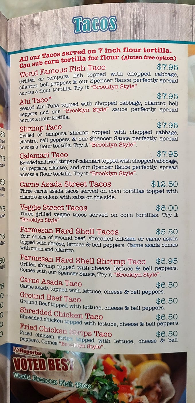 The menu reads like poetry to seafood lovers – each taco a carefully crafted masterpiece with that mysterious "Brooklyn Style" option that locals know to request.