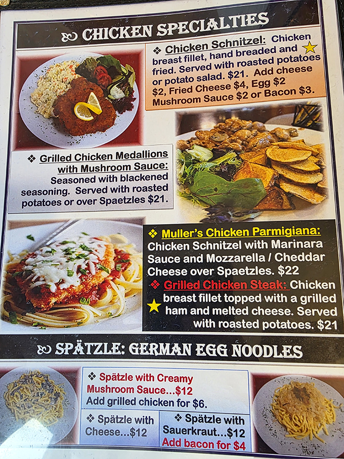 The menu reads like a love letter to German cuisine, with chicken specialties and spätzle options that'll have you practicing your "danke schön."