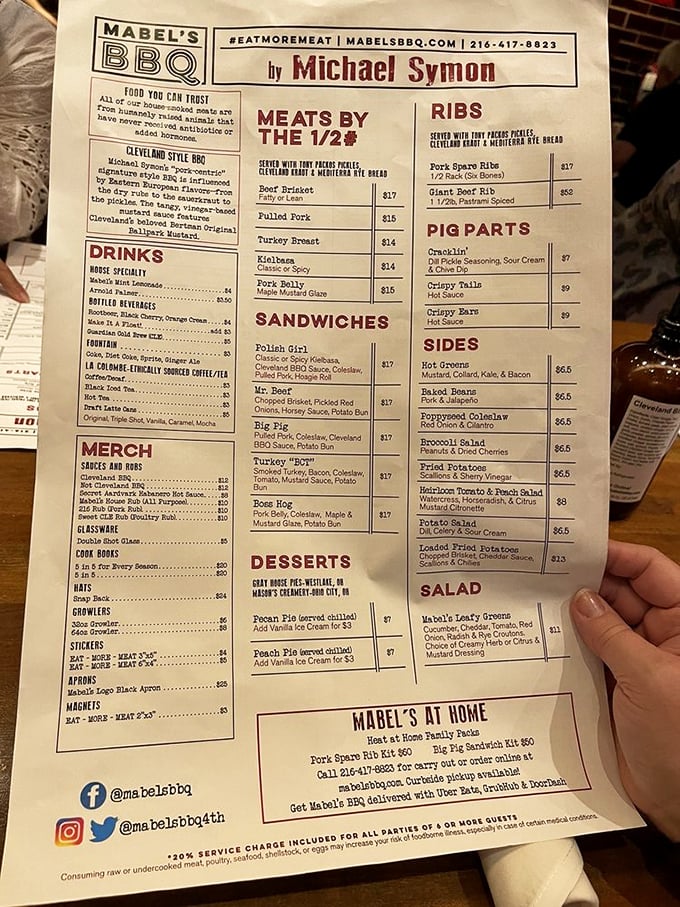 This menu isn't just a list—it's a roadmap to happiness. The "Cleveland-style BBQ" description alone is worth the price of admission.