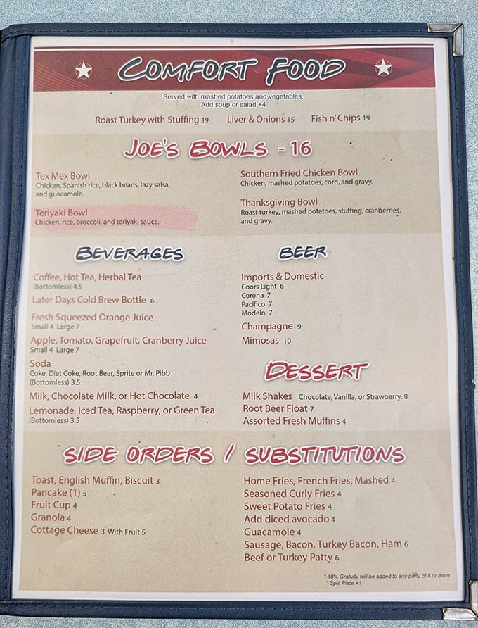 The menu at Joe's doesn't need fancy fonts or pretentious descriptions—just straightforward comfort food that speaks the universal language of satisfaction.