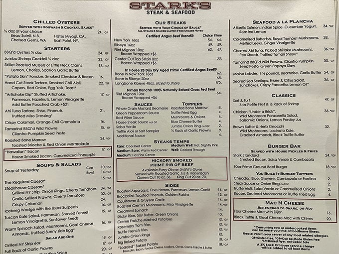 A menu that reads like a carnivore's greatest hits album, with seafood playing the perfect backup vocals.