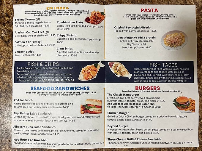 This menu isn't just a list of options—it's a treasure map to seafood nirvana. The real challenge? Choosing just one maritime delight.