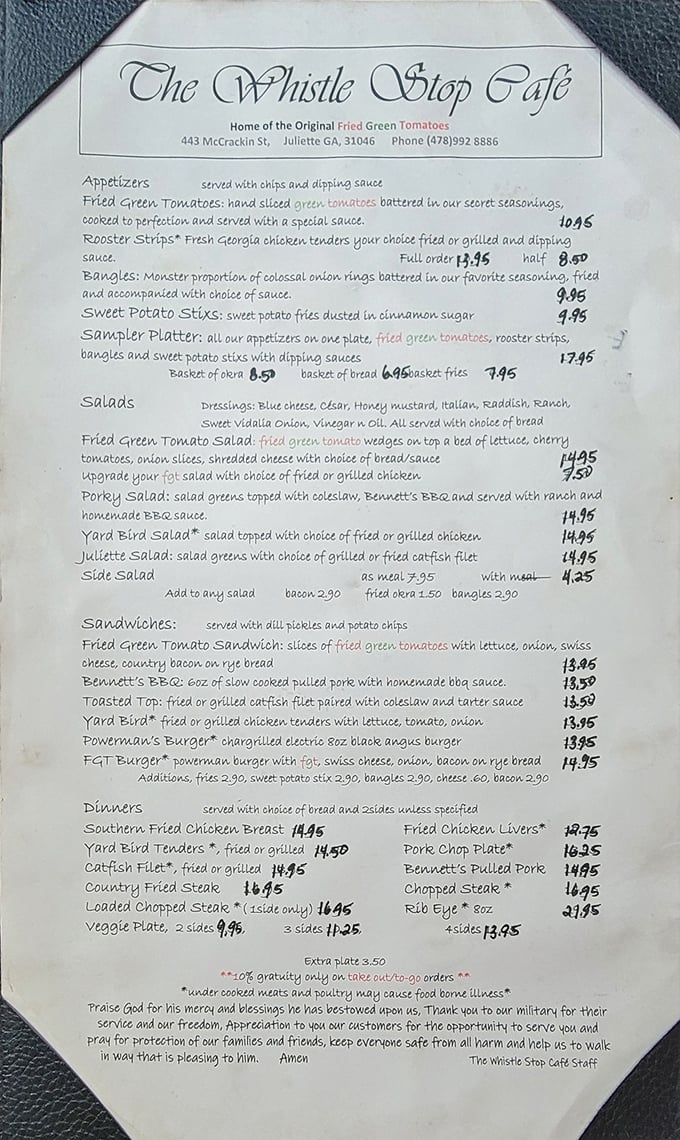 A menu that reads like a love letter to Southern cuisine. The "Home of the Original Fried Green Tomatoes" isn't just a tagline—it's a delicious promise.